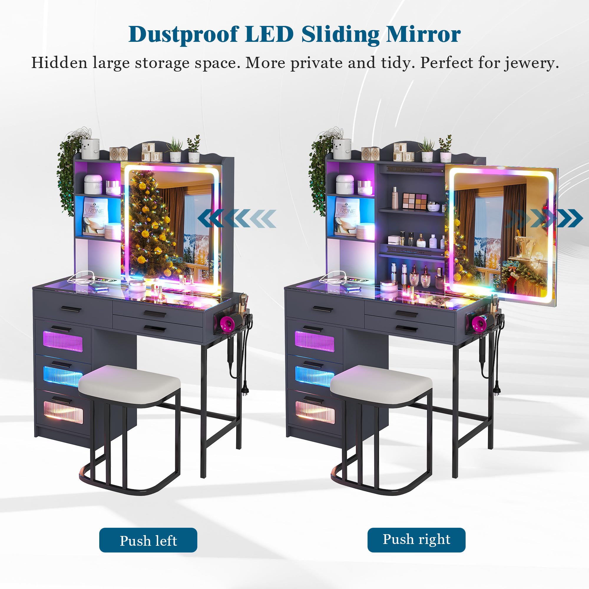 WOOVIVS RGB Vanity Desk with Sliding Mirror and Lights, LED Makeup Vanity with Charging Station/Motion Sensor Light, Glass Top Vanities Dressing Table Set with Jewelry Box,6 Drawers,Stool (White)