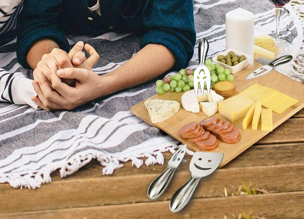 NewlineNY Stainless Steel 4 Pieces Smiling Faces Cheese Knife Set: Hard and Soft Cheese Knives, Serving Fork & Cheese Spreader