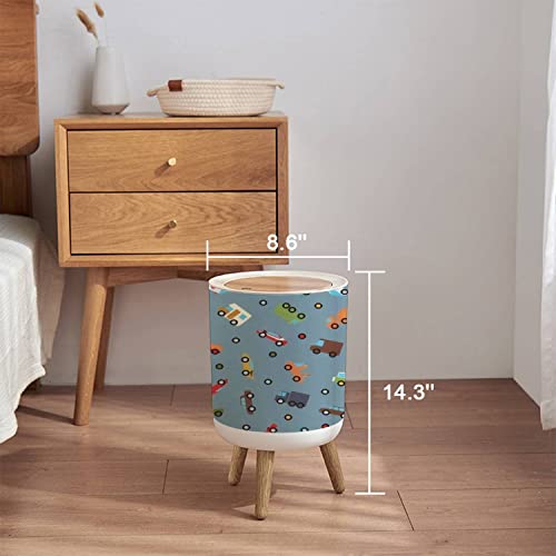 Trash Can with Lid Seamless with Cars and Trucks Simple Illustrations Nursery Room Press Cover Small Garbage Bin Round with Wooden Legs Waste Basket for Bathroom Kitchen Bedroom 7L/1.8 Gallon