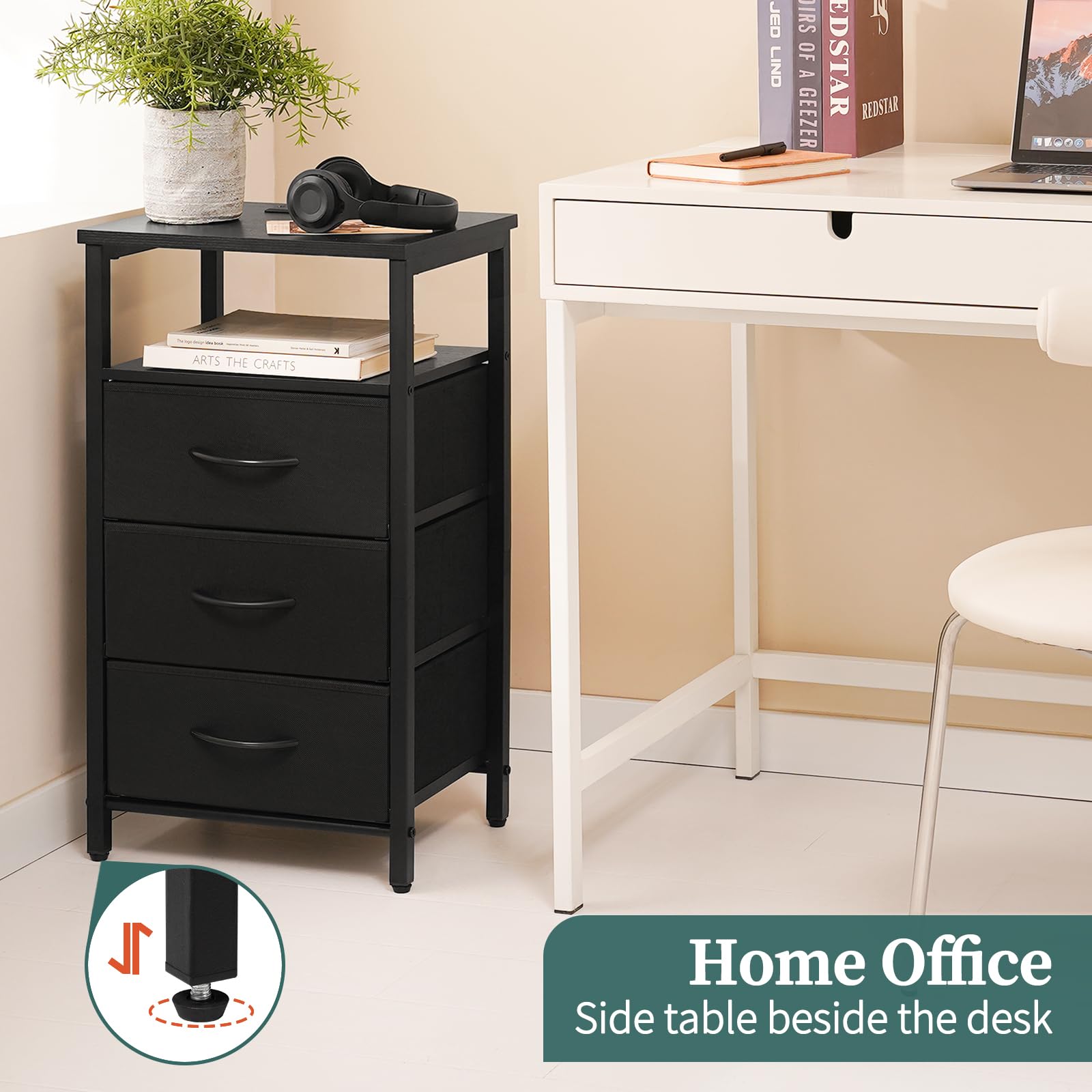 Yoobure Night Stand with Charging Station, 16 Colors LED Nightstand with USB Ports and Outlets, End Table with 3 Fabric Drawers and Storage Shelf, Bedside Tables Small Dresser for Small Space Black
