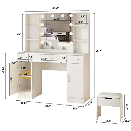 Vabches Makeup Vanity Desk with Lights, 3 Lighting Colors, White Vanity Set Makeup Table with 3 Drawers, 2 Cabinets & Multiple Shelves, Large Vanity 45.2in(L)