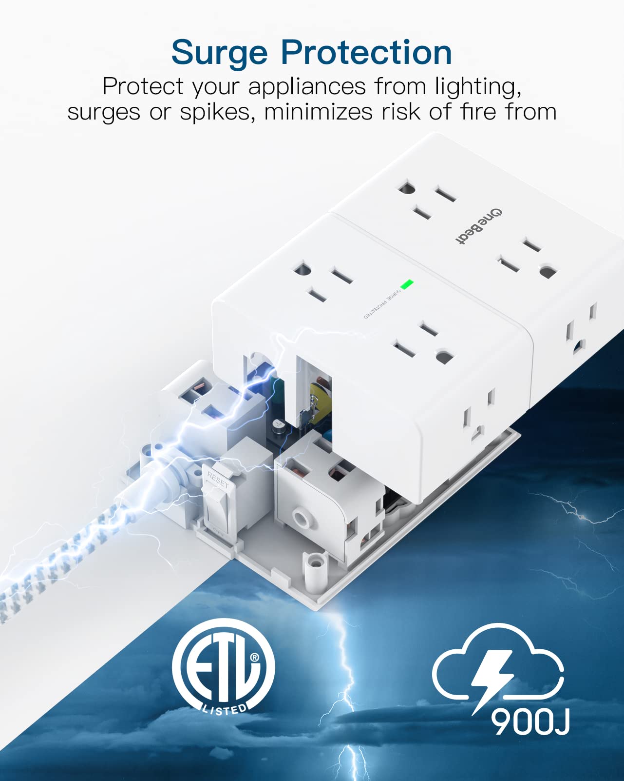Power Strip Surge Protector with USB, 8 Widely Outlets 4 USB Ports 6Ft Extension Cord Flat Plug, 3 Sided Wall Outlet Extender Desktop Charging Station for Home Office Travel Dorm, 1080J