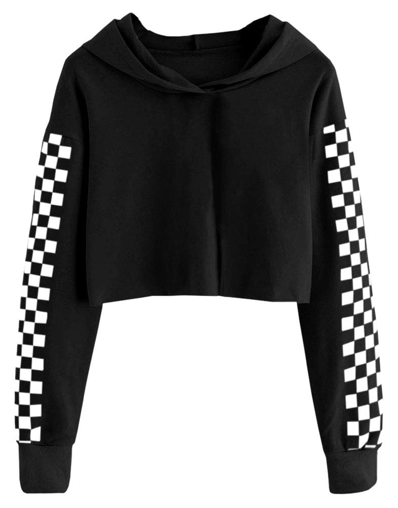 Imily Bela Kids Crop Tops Girls Hoodies Cute Plaid Long Sleeve Fashion Sweatshirts (13-14 Years, Black)