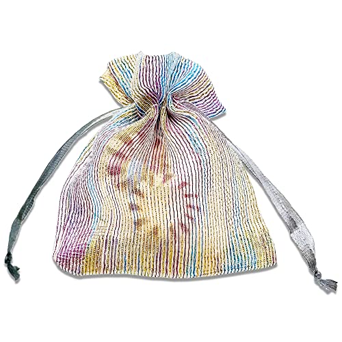 TheDisplayGuys - 96-Pack Striped Weave Organza Gift Bags with Drawstrings - Small 3" x 4" - Iridescent - for Party Favors, Samples,Treats