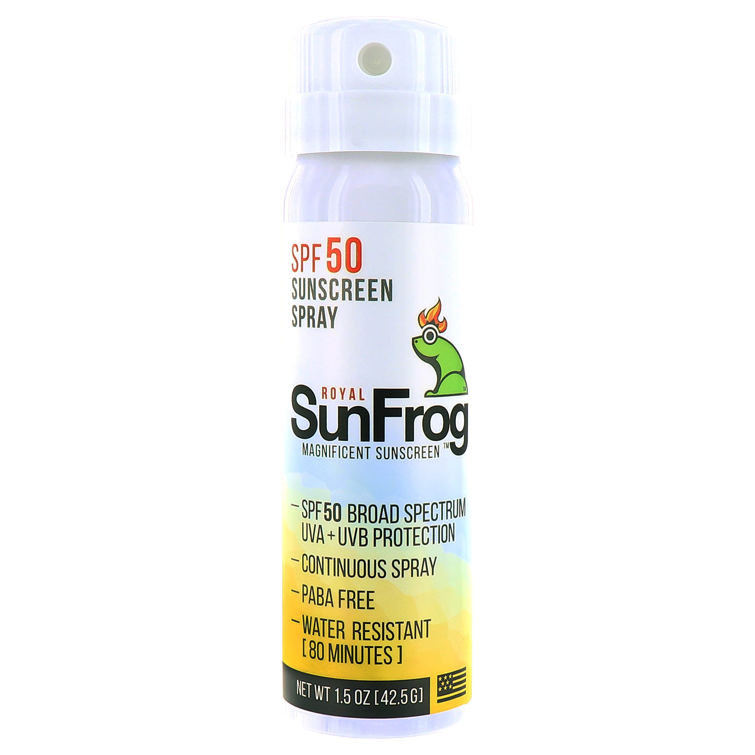 Royal SunFrog | SPF-50 Sunscreen - Continuous Spray | Broad Spectrum UVA + UVB, PABA-Free, Water Resistant for 80 Minutes | with Vitamin E and Aloe | for Face and Body (1.5oz/42.5g) - 1 count