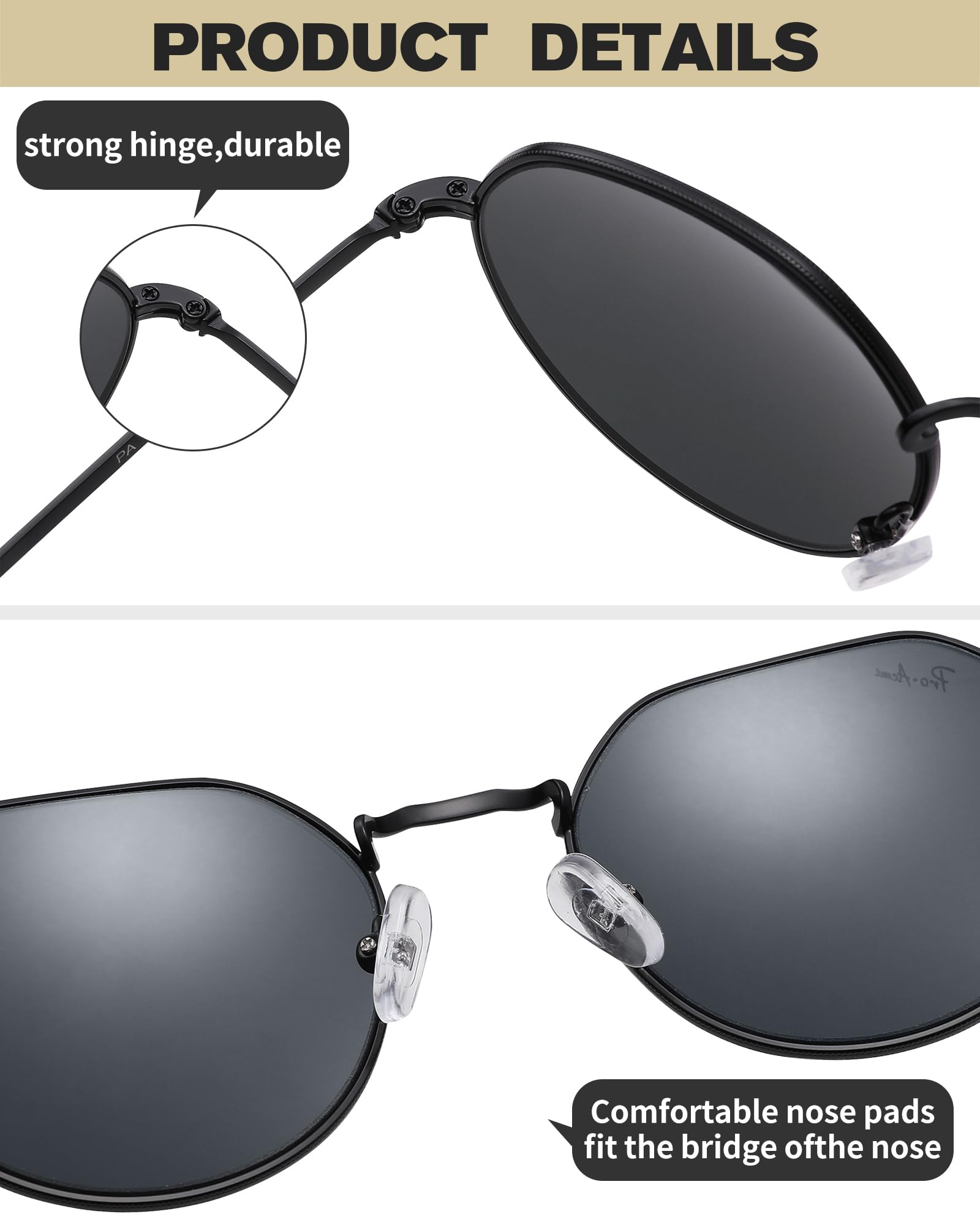 Pro Acme Polygon Round Sunglasses, Large Metal Frame Shades Sun Glass 100% Real Glass Lens 53MM (Gold/Black Grey)
