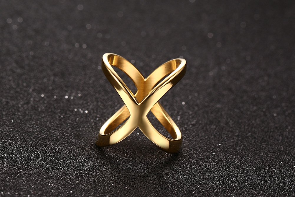 HUANIAN Stainless Steel Criss Cross Ring for Women,Gold,Size 9