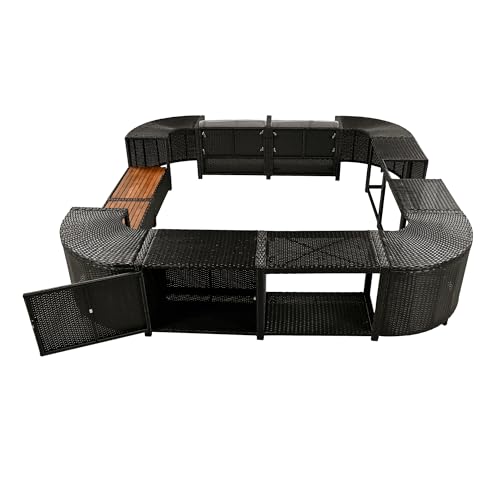 WOODRK Quadrilateral Outdoor Rattan Sectional Sofa Set with Mini Couch, Patio Conversation Sets with Wooden Seats and Storage Spaces, Spa Surround Frame for Gardern, Poolside, Gray