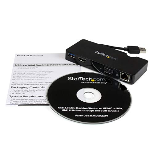 StarTech.com USB 3.0 to HDMI or VGA Adapter Dock - USB 3.0 Mini Docking Station w/ USB, GbE Ports - Portable Universal Laptop Travel Hub (USB3SMDOCKHV) , Black