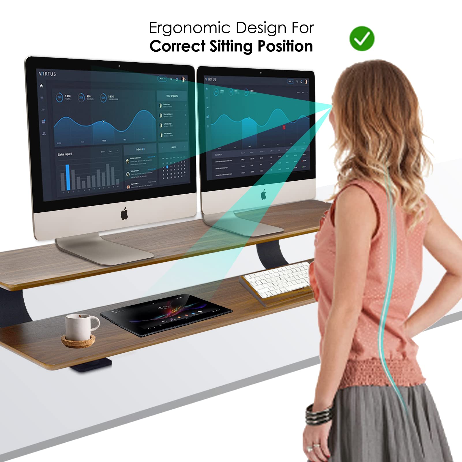 SAMDI Monitor Stand, Wooden Computer Monitor Stand,Wood Oversized Double Layer Desk Stand Riser for Laptop, Computer, iMac, Laptop, with Table (Walnut)