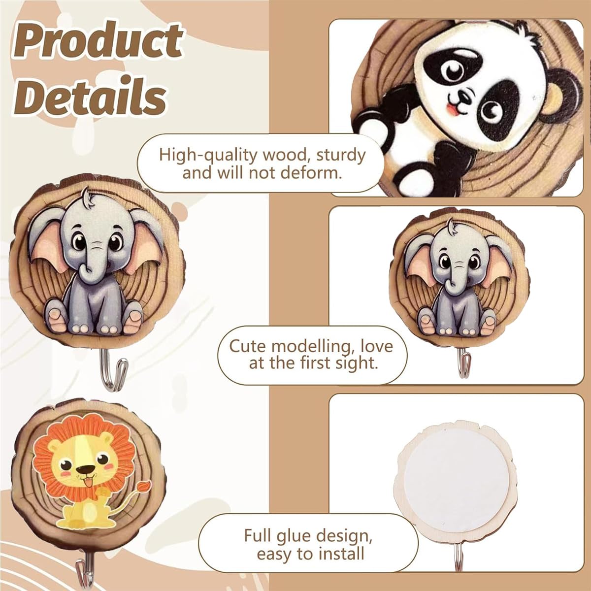 Vamotto Wooden Animal Wall Hooks, 6-Pack Self Adhesive Coat Hooks Hanging Wall Mounted Hooks for Coats, Towels, Hats,Backpack, Robe, Purse,Decorative Farmhouse