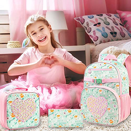 TXHVO 3PCS Kids Backpack for Girls, 16β Preschool Bookbag with Lunch Box, Cute Girl Sequin Backpacks for Elementary School