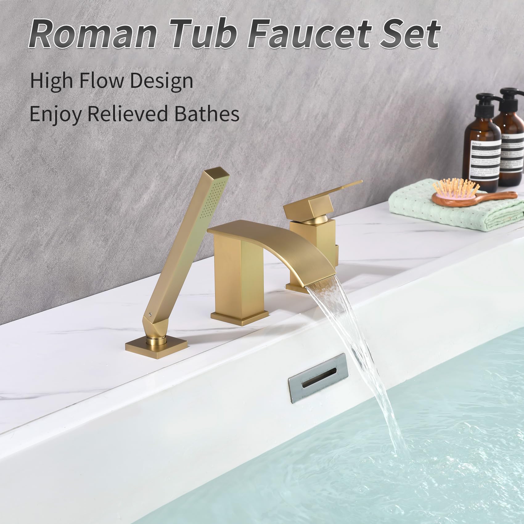 TapLong Waterfall Roman Tub Faucet with Hand Shower, Deck Mount 3 Hole Bathtub Faucet Set High Flow Bath Tub Faucet Set Deck Mount Solid Brass, Brushed Gold,03766BG