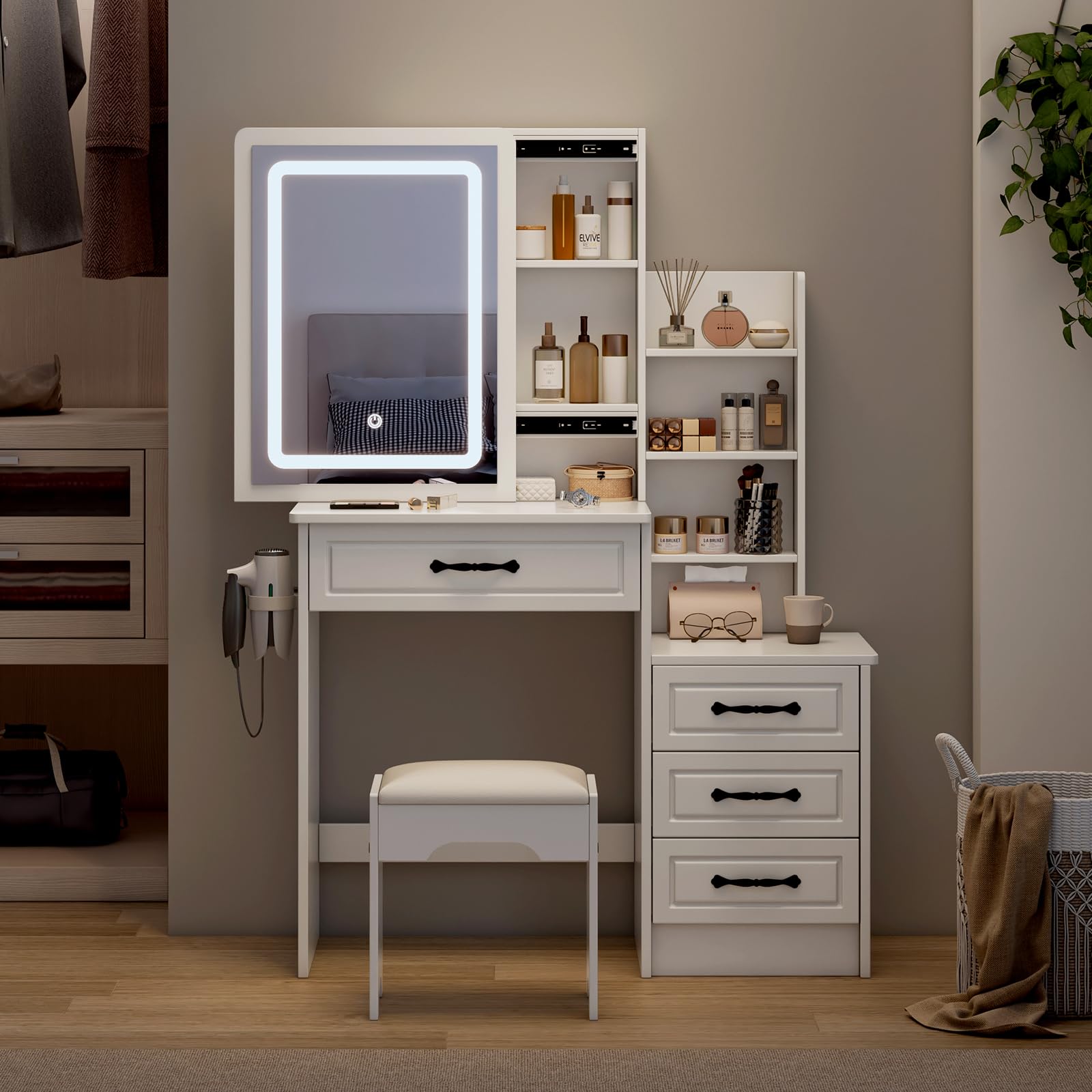 VanAcc Makeup Vanity Desk with Lights & Sliding Mirror for Teenagers, 35" Wide Vanity Table with 4 Drawers and Shelves, Small Vanity Dressing Table, LED Lights Vanity Set, Stool Included, White