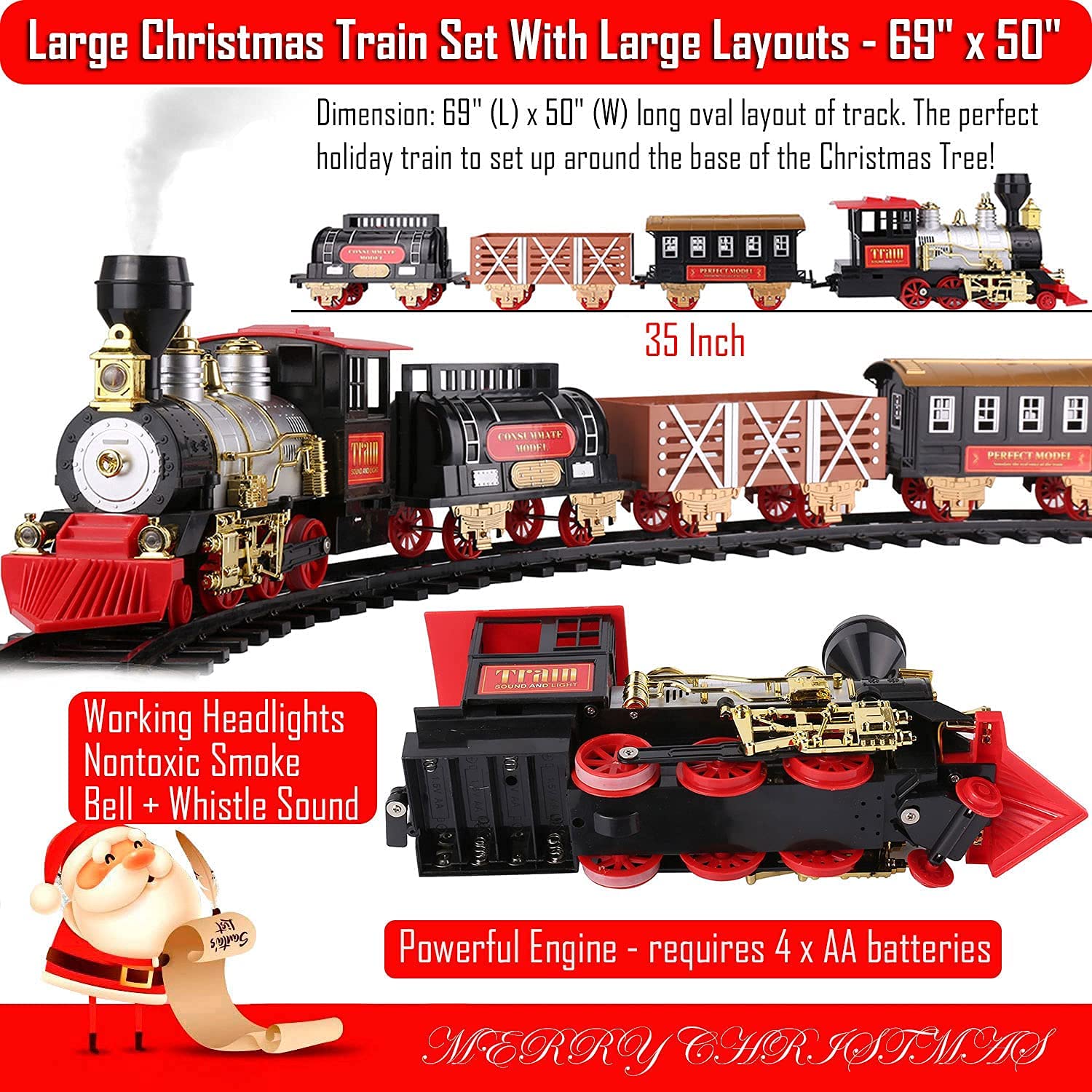 Large Classic Holiday Christmas Tree Train Set with Sounds Lights Smoke for Around Under The Christmas Tree