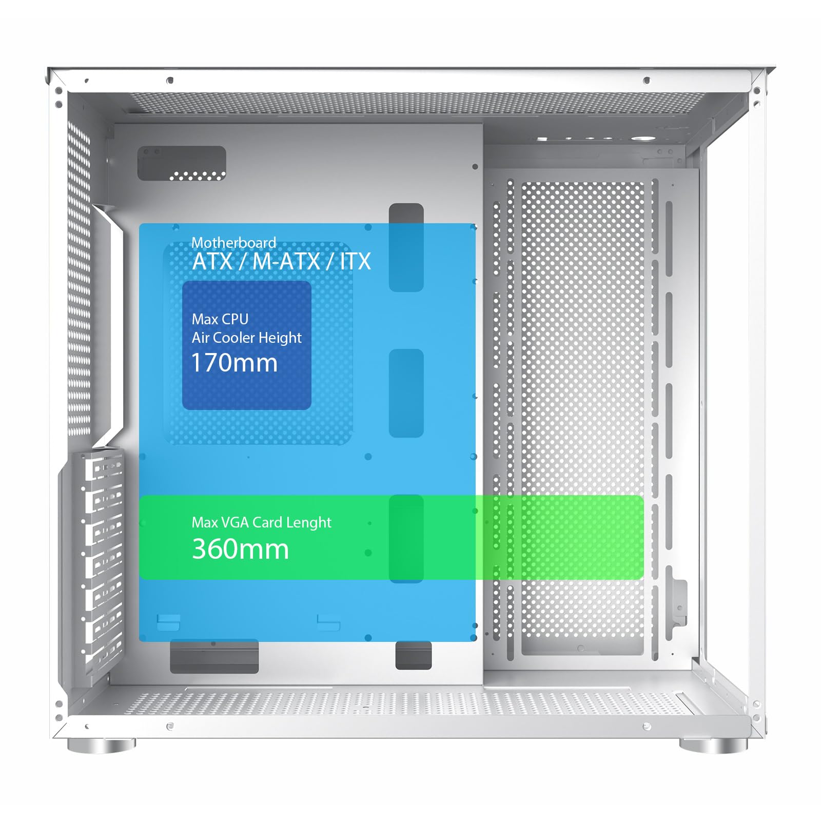 SZD S580 ATX Mid-Tower PC Case, Desktop Gaming Computer Chasssis, Front I/O USB Type-C Port, Dual Tempered Glass Panels, High-Airflow Perforated Top Panel, Water-Fan not Included (White)