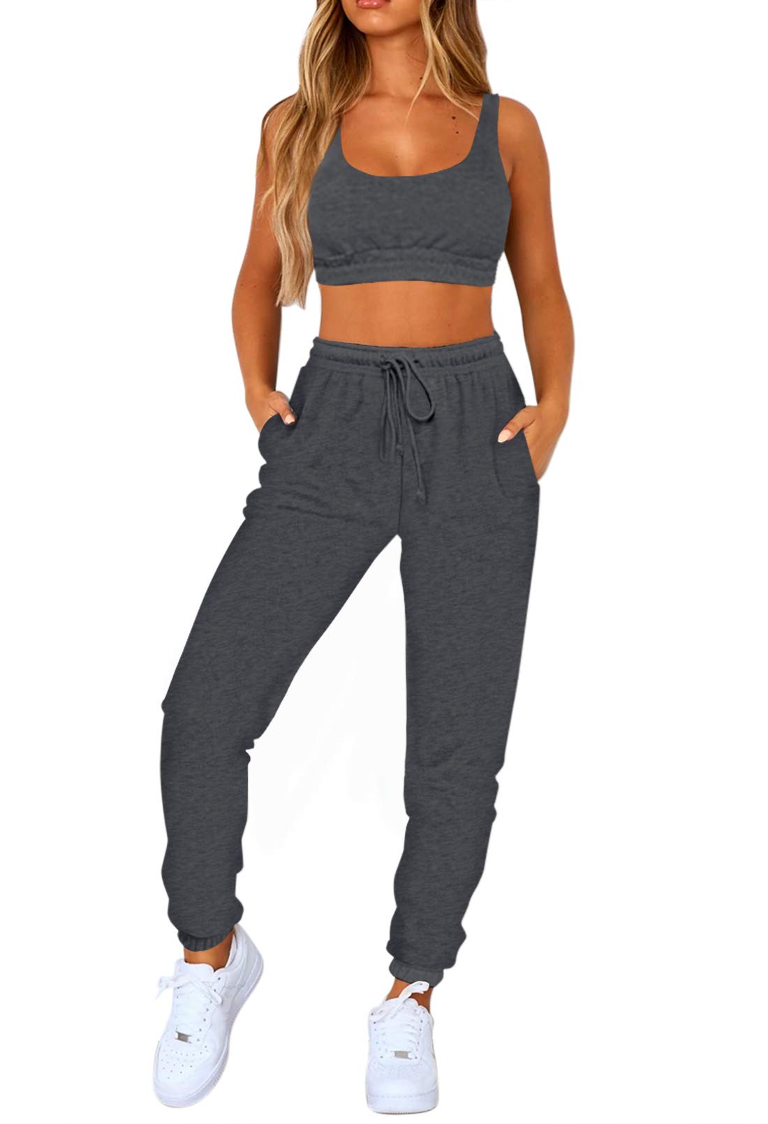 LOV ANNY Women's Padded Bra High Waist Yoga Sportpants Tracksuits Set Dark Grey M