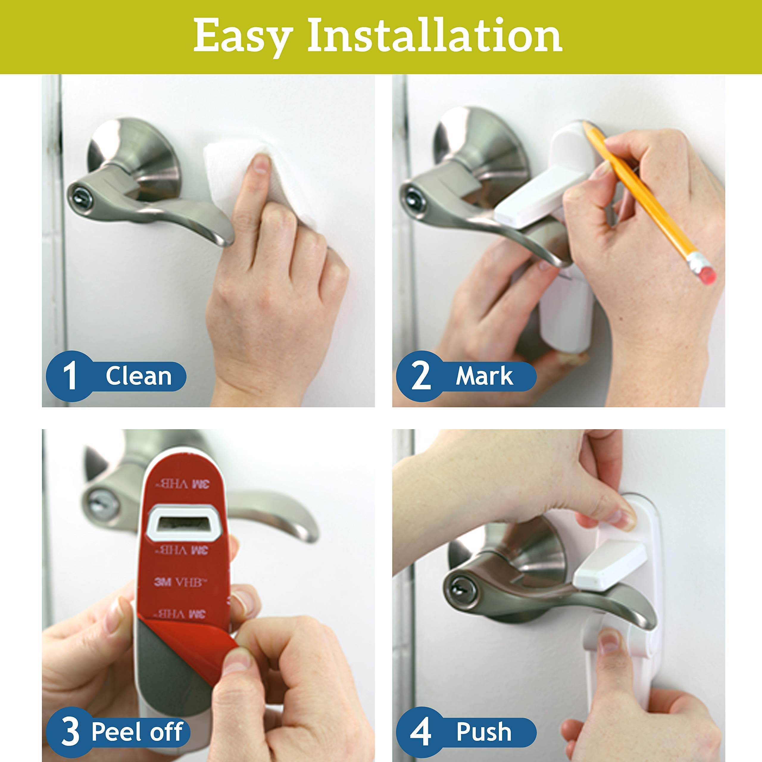Improved Childproof Door Lever Lock (4 Pack) Prevents Toddlers From Opening Doors. Easy One Hand Operation for Adults. Durable ABS with 3M Adhesive Backing. Simple Install, No Tools Needed (White, 4)