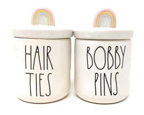 Rae Dunn by Magenta LL HAIR TIES and BOBBY PINS Jar Set with Rainbow Handles, 4" tall x 2.75" wide each, Ceramic Jars, Bathroom, Bedroom, Make Up, Holder, Storage, Canister, Organizer