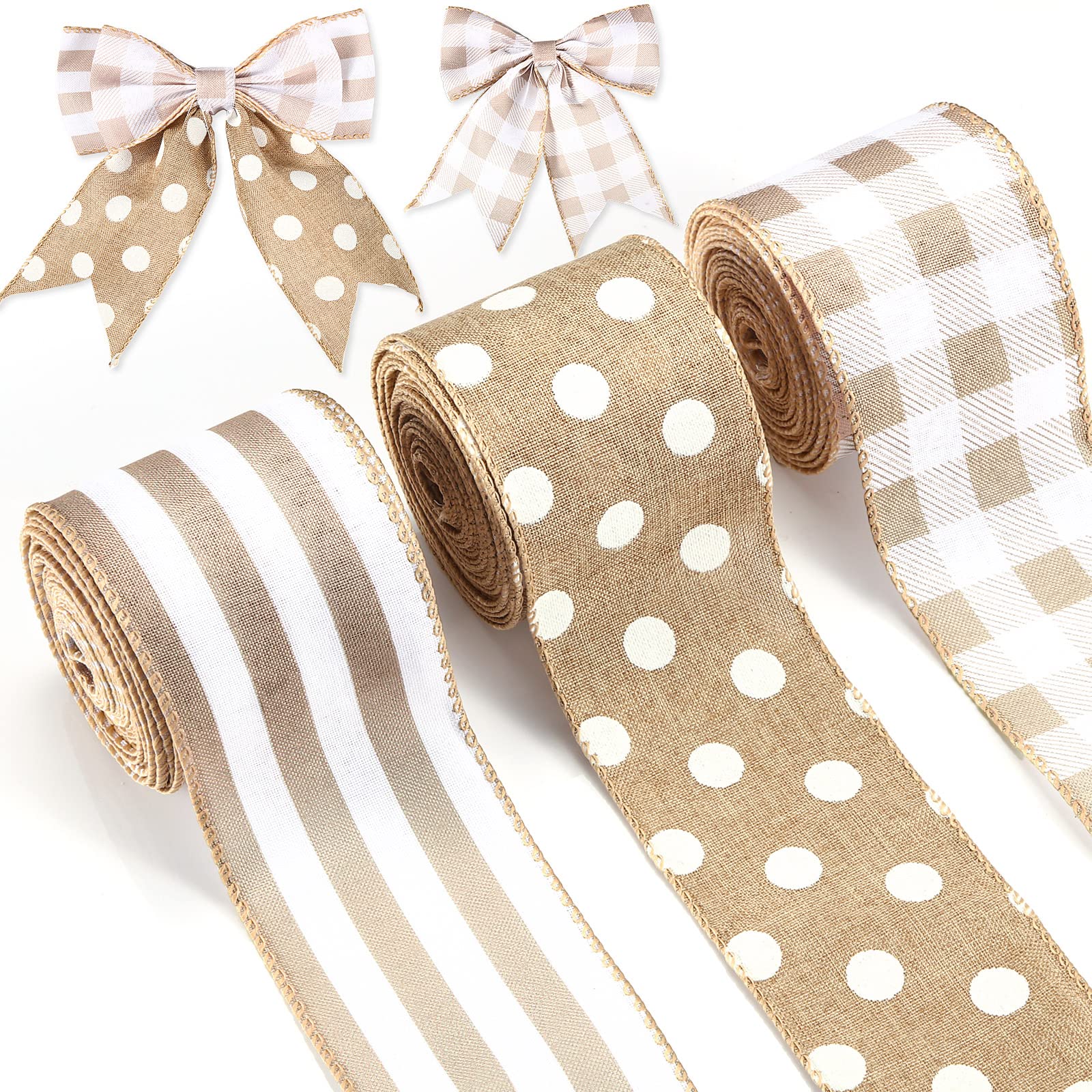 Wiaxin 3 Rolls Burlap Wired Ribbons Plaid Wrapping Striped Gingham Grosgrain Ribbon Dot Pattern for DIY Crafts Party Home Decoration, 2.5 Inch x 15 Yards (Linen Color), (Wiaxin-Ribbon-2055)
