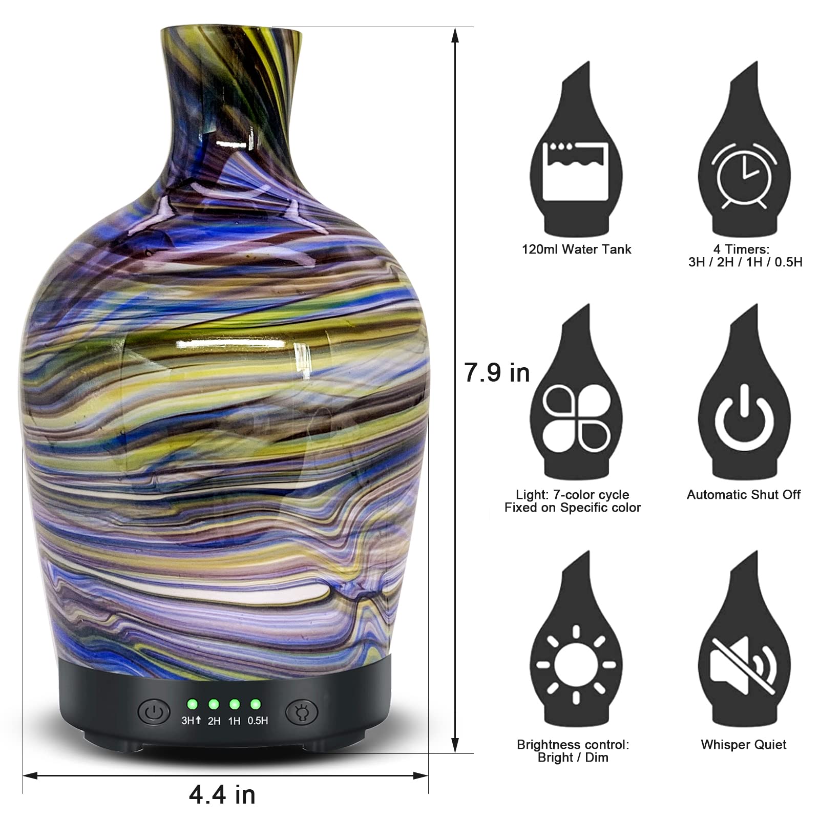 MAXWINER Essential Oil Diffuser Art Glass Aromatherapy Ultrasonic Humidifier with 7 Colors Lights Changing, Waterless Auto Shut Off Protection, 4 Time Setting for Home Office Room 120ml (Color Stripe)