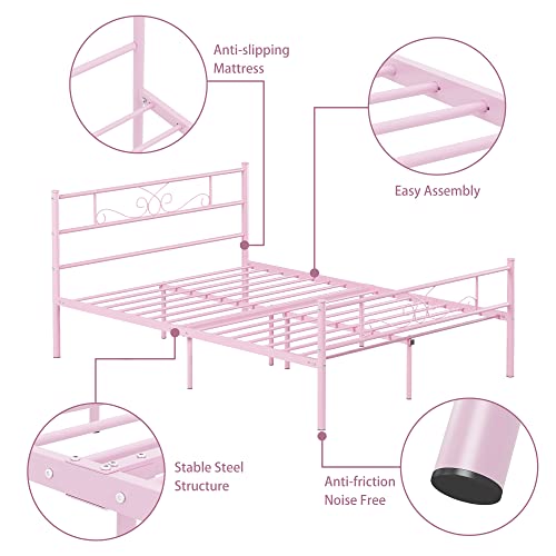 Weehom Full Size Bed Frame with Headboard and Footboard Under Bed Storage Steel Slat Support Metal Bed No Box Spring Needed Easy to Assembly,Pink