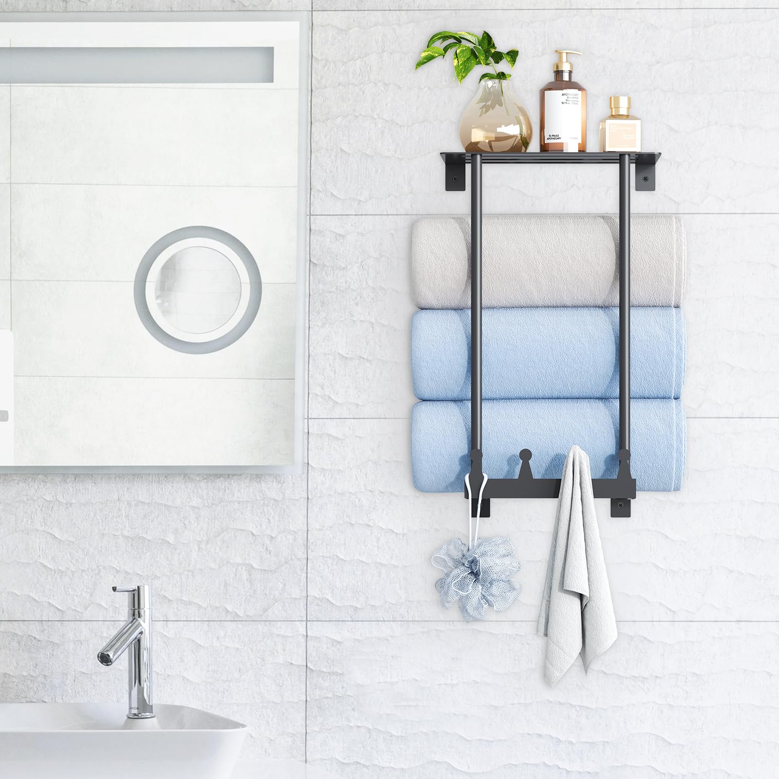Towel Racks for Bathroom Wall Mounted, Rolled or Folded Towel Holder with Metal Shelf and 4 Hooks for Small Bathroom, Wall Mounted Metal Bathroom Organizer, Sturdy and Large Capacity (1 Shelf)
