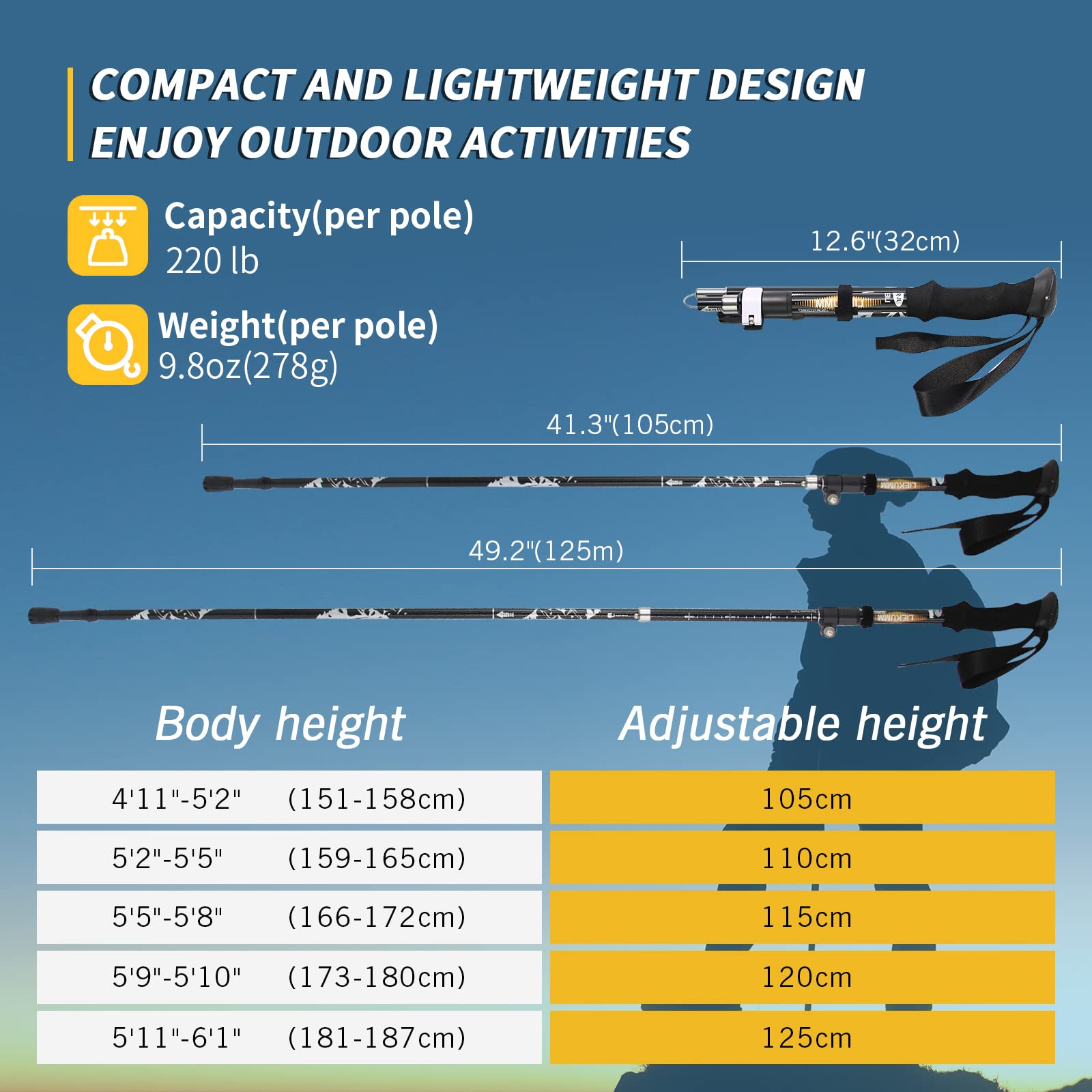 LIEKUMM 2pc Trekking Poles, Collapsible Walking Sticks for Hiking, Capacity 220 LBS, Lightweight Aluminum Folding Hiking Poles with Quick Flip Lock, 6Sets Terrain Accessories, Black