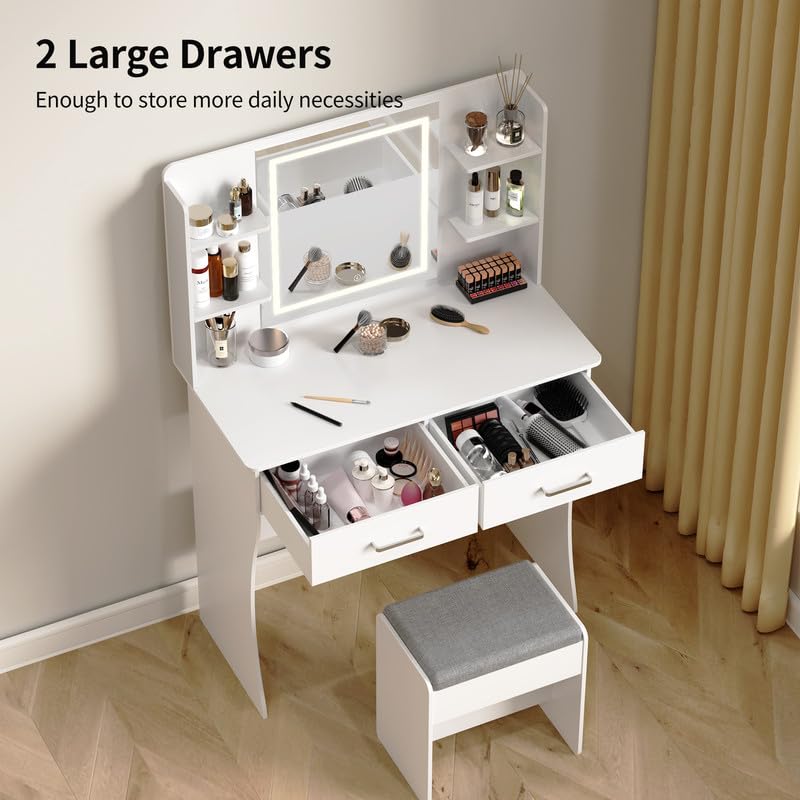 Vanity Desk with Mirror and Lights, White Makeup Vanity Desk with Led Lights Mirror and Chair, Makeup Vanity Dressing Table Set with 2 Drawers and 6 Storage Shelves for Bedroom Dressing Room
