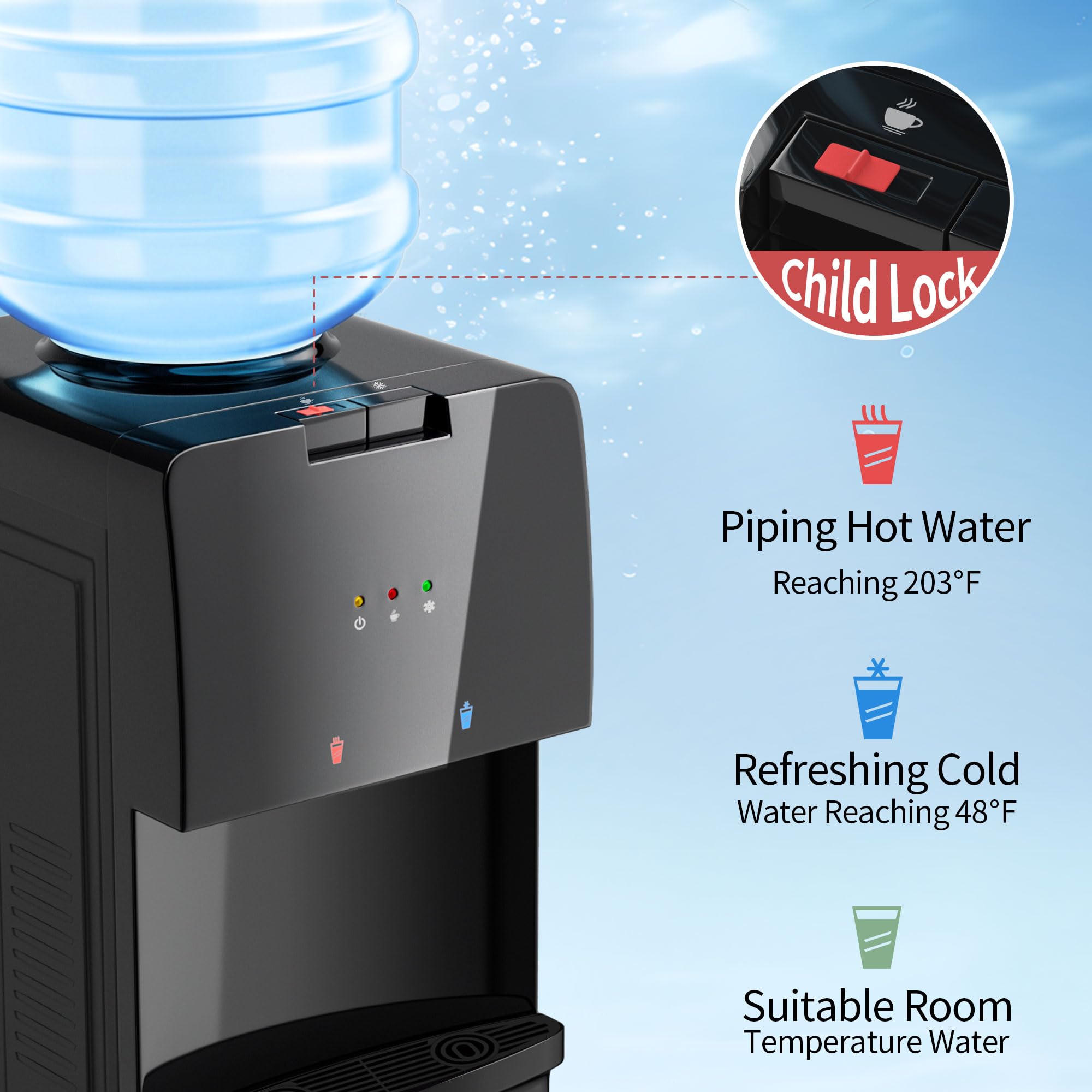 Urbansync Top Loading Cold & Hot Water Dispenser,3 Temperature Settings, Water Cooler for 3 or 5 Gallon Bottles, Removable Drip Tray & Child Safety Lock, Home, Office, Living Room.