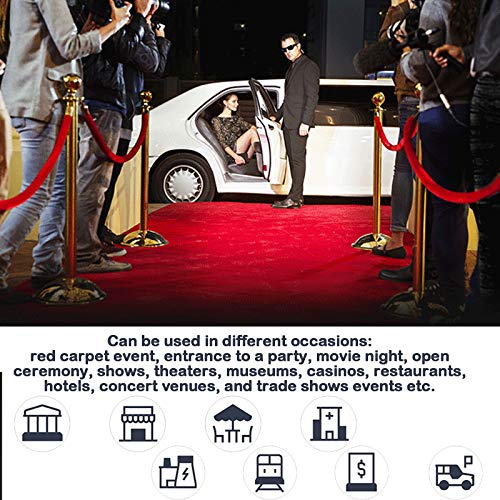 Red Velvet Stanchion Rope Barrier Golden Hook- Set of 4 PCs for Red Carpet Filmroom Wedding (5 Feet Long) Bulk