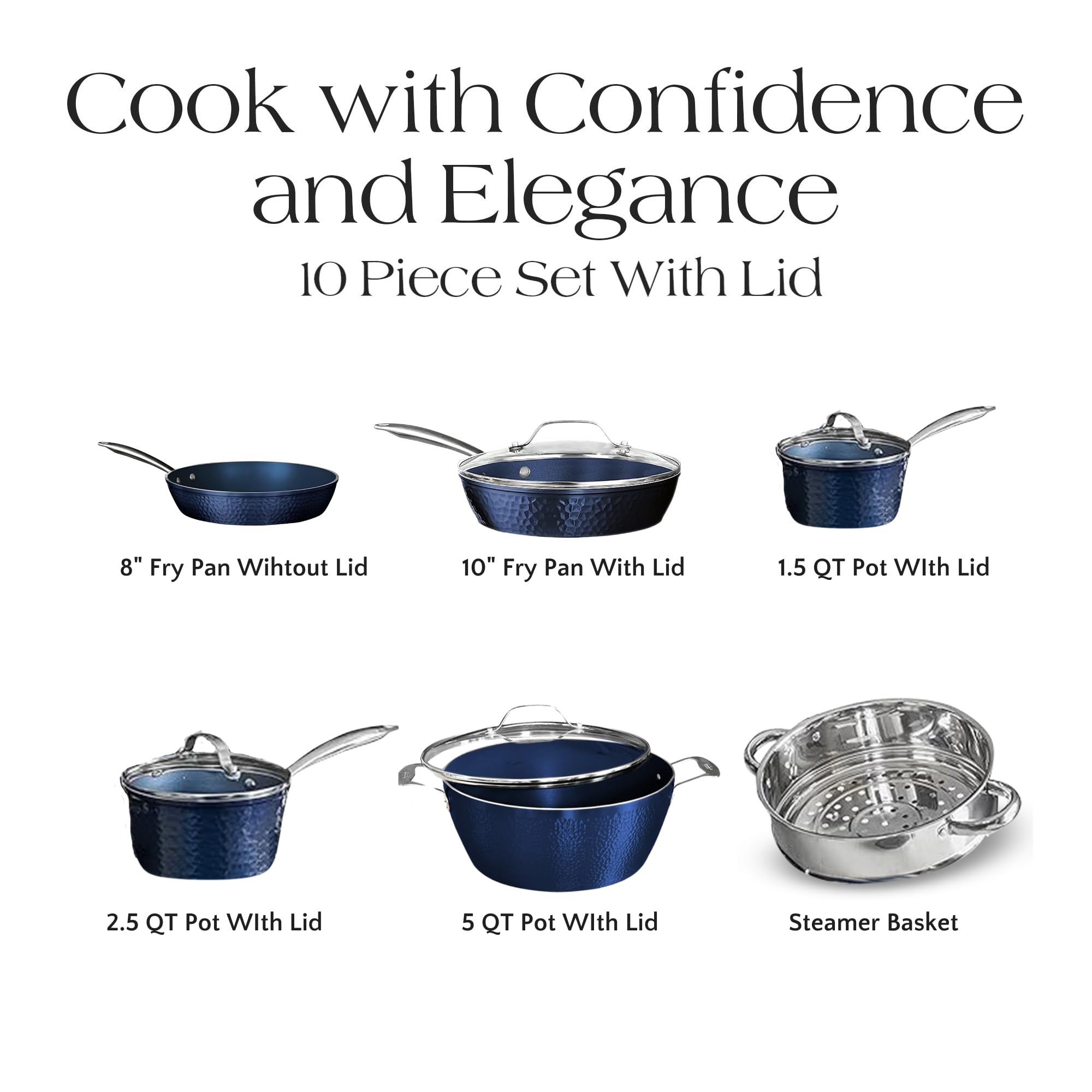 OrGREENiC Blue Hammered Collection - Non-Toxic, Non-Stick Ceramic 10 Piece Cookware Set with Glass Lids, Scratch-Resistant, Oven Safe with Upgraded Handles, Safe Pan for All Stovetops
