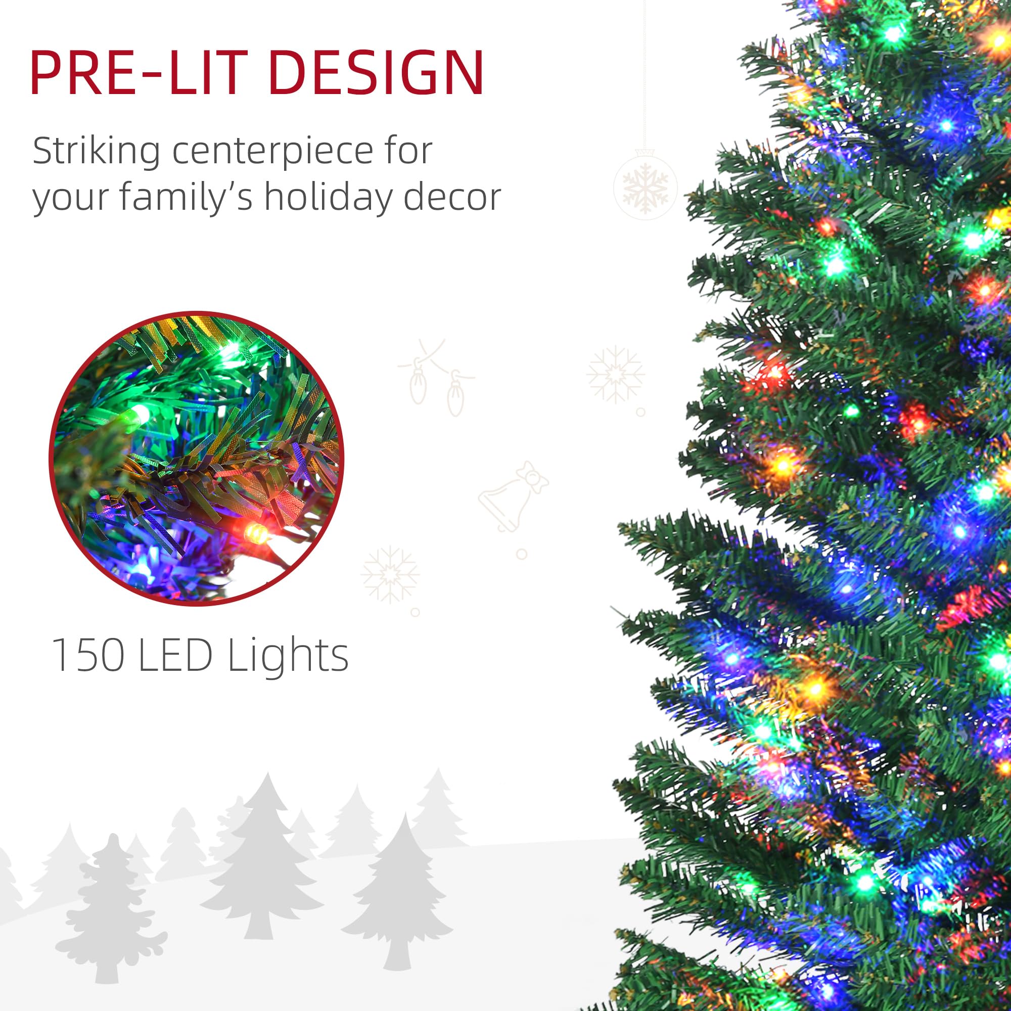 HOMCOM 6ft Tall Pencil Prelit Artificial Christmas Tree Holiday Décor with 390 Branches, 150 Colorful LED Lights, Steel Base, Green