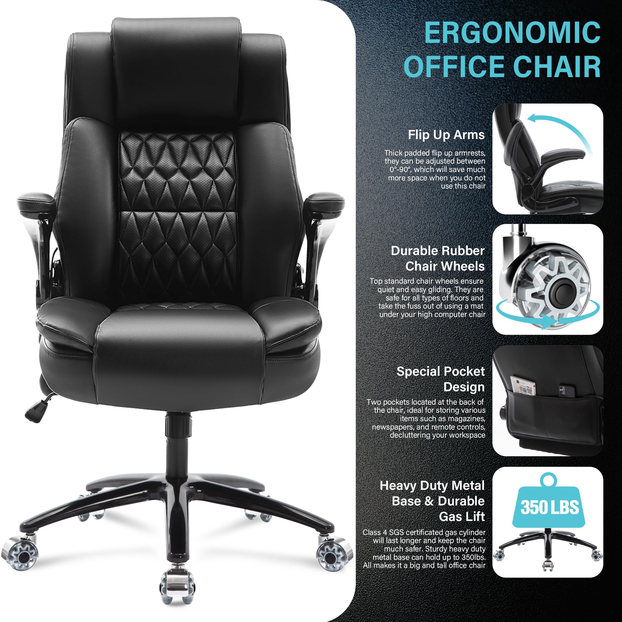 Large High Back Office Chair - Adjustable Lumbar Support Flip Up Arms Heavy Duty Quiet Wheels Metal Base Breathable Bonded Leather Ergonomic Executive Computer Desk Chair with Storage Bags, Black