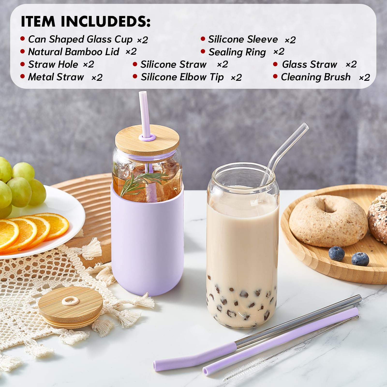 WillCome 20oz Glass Cups with Lids and 3 Types of Straws,Beer Can Shaped Glass Tumbler with Protective Sleeve,Cute Iced Glass Coffee Cup,Drinking Glasses for Smoothie,Beer,Gift,2Pack Green Purple