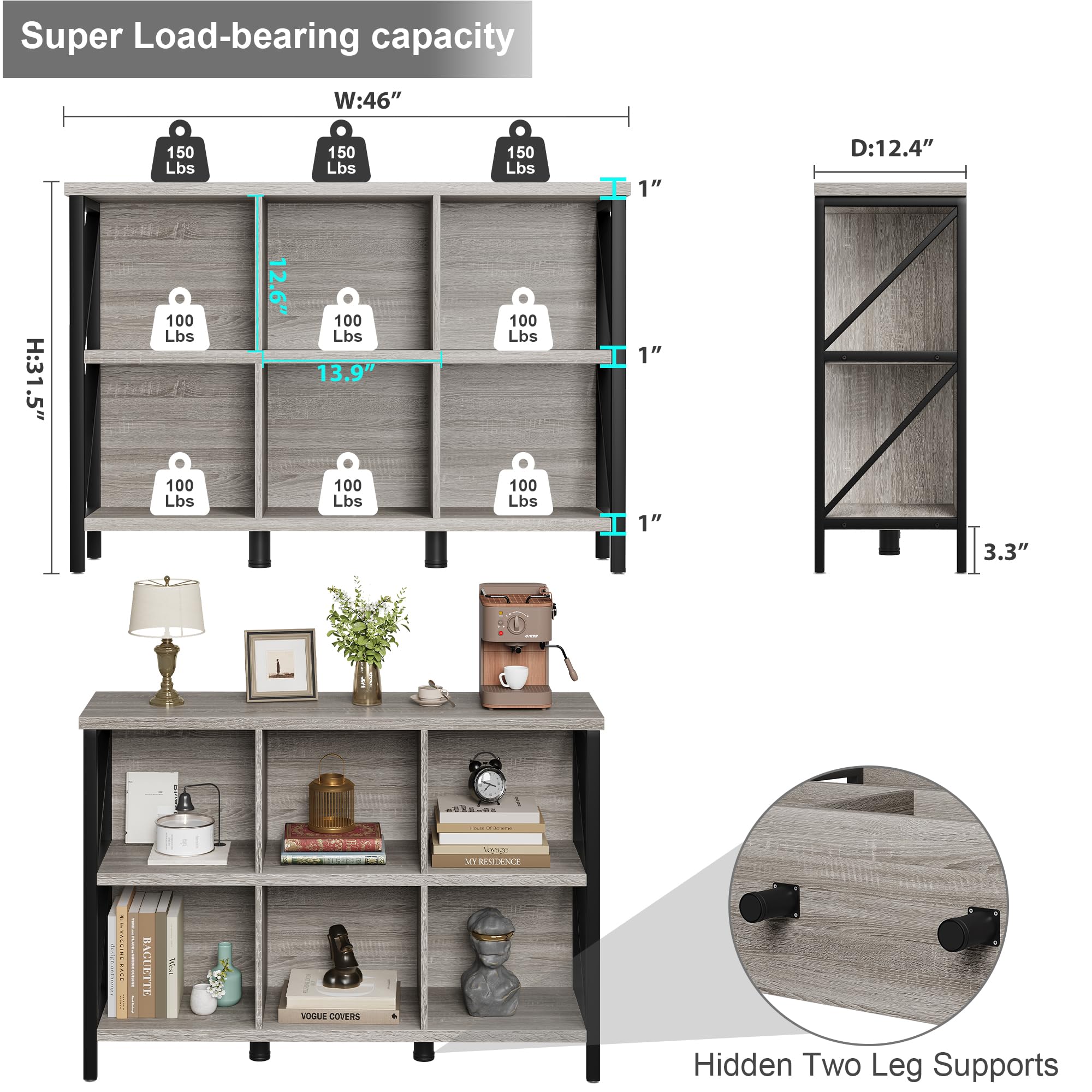 Wpond 6 Cube Storage Organizer, Industrial Horizontal Bookshelf with Metal Frame, Thick Wooden Low & Long Bookshelf for Living Room/Office/Bedroom - Rustic Brown