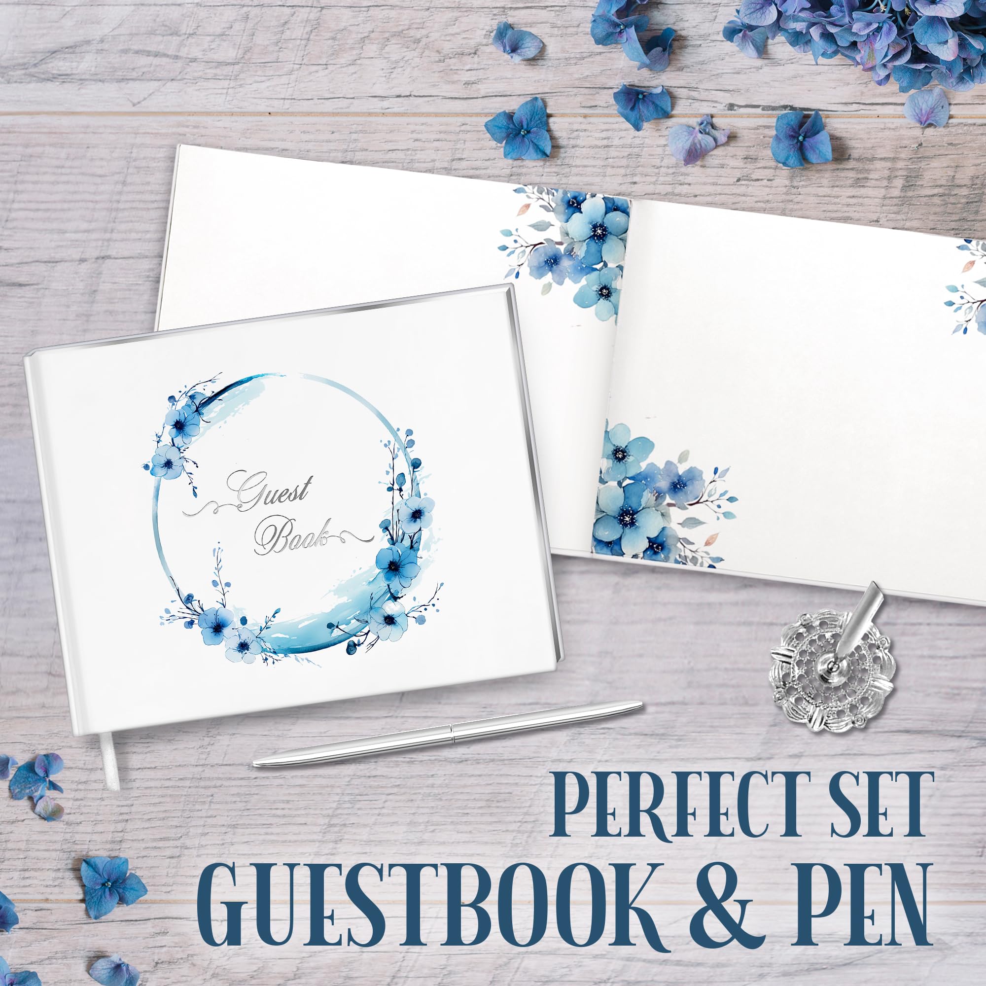 Wedding Guest Book Set includes 3 items , Wedding with a Metal Silver Pen , Guest Book With a Hardcover , Guest Book Wedding Reception Has 110 White Pages , Blank Book is White with Silver Details.