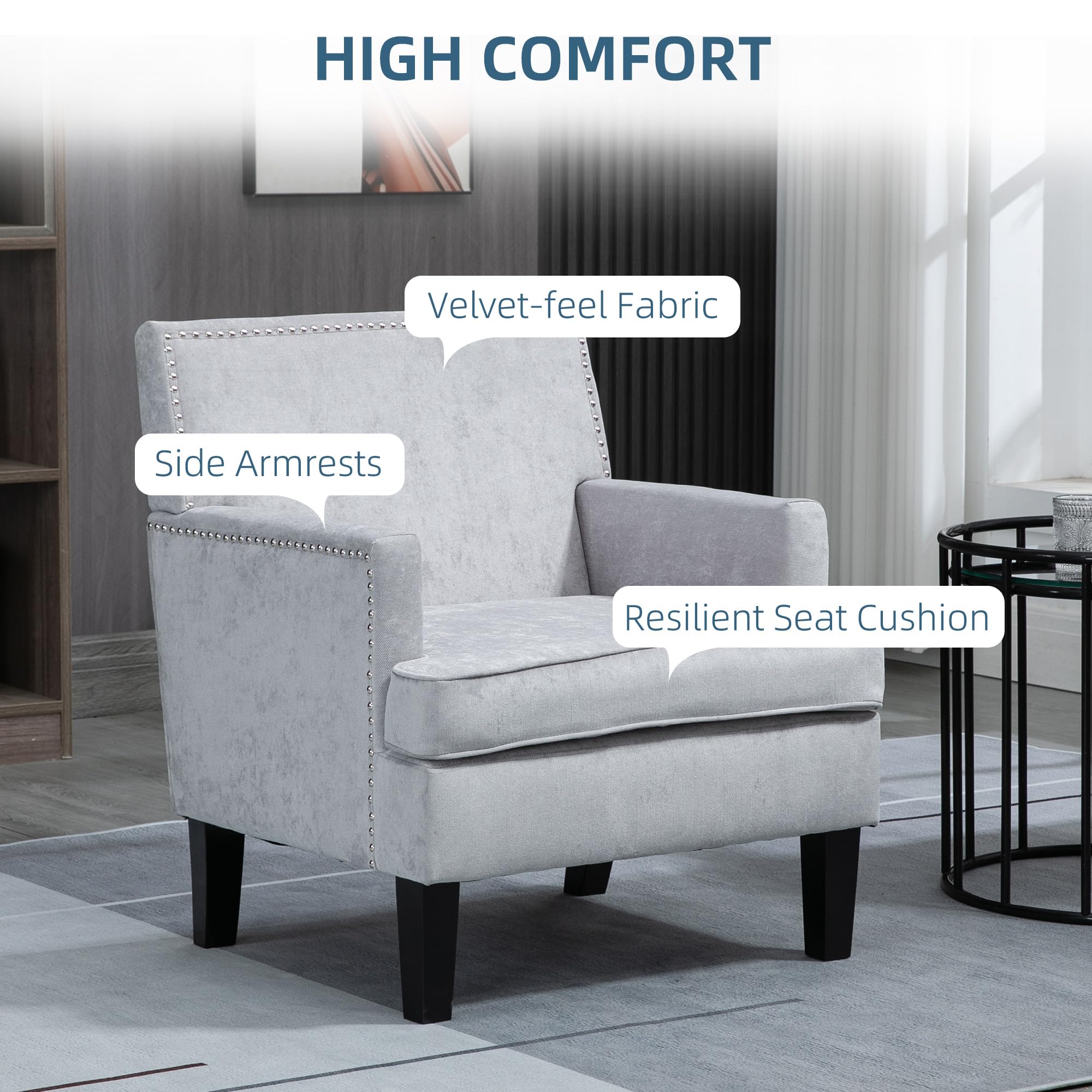 HOMCOM Modern Accent Chair with Solid Wood Legs and Nailhead Trim, Upholstered Armchair for Living Room, Dark Gray