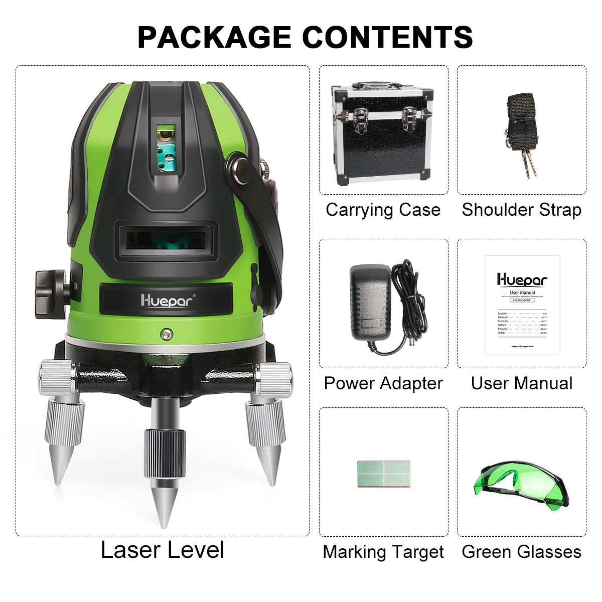 Huepar Green Beam Multi - Line Laser Level -Four Vertical and One Horizontal Lines with Down Plumb Dot -Alignment Self-leveling Laser Tool -360° Rotating Base, Hard Carrying Case Included 6141G