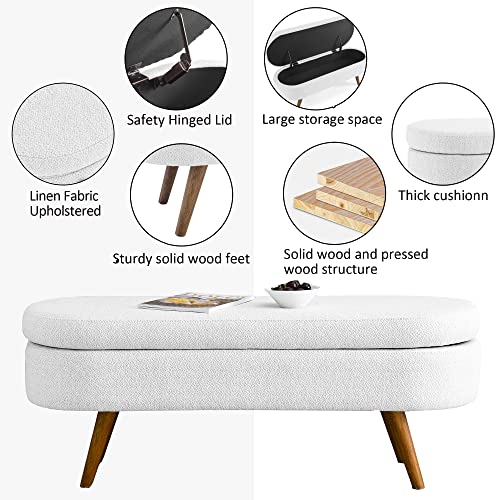 IAFIKE Oval Storage Bench 43.5" Linen Fabric Upholstered Ottoman Indoor Bench with Solid Wood Legs for Living Room/Bedroom/End of Bed/Entryway/Bed Side (White)