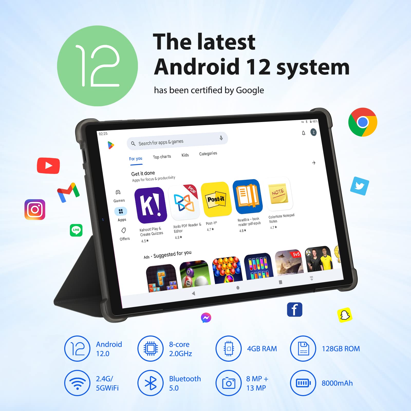 POWMUS Android 12 Tablet 10.4 inch Tablets 128GB Storage 1TB Expand 5G WiFi Octa Core 2.0GHz Processor, InCell FHD IPS, 8000mAh 13MP Camera Bluetooth 5.0 GPS Android Tableta-Black