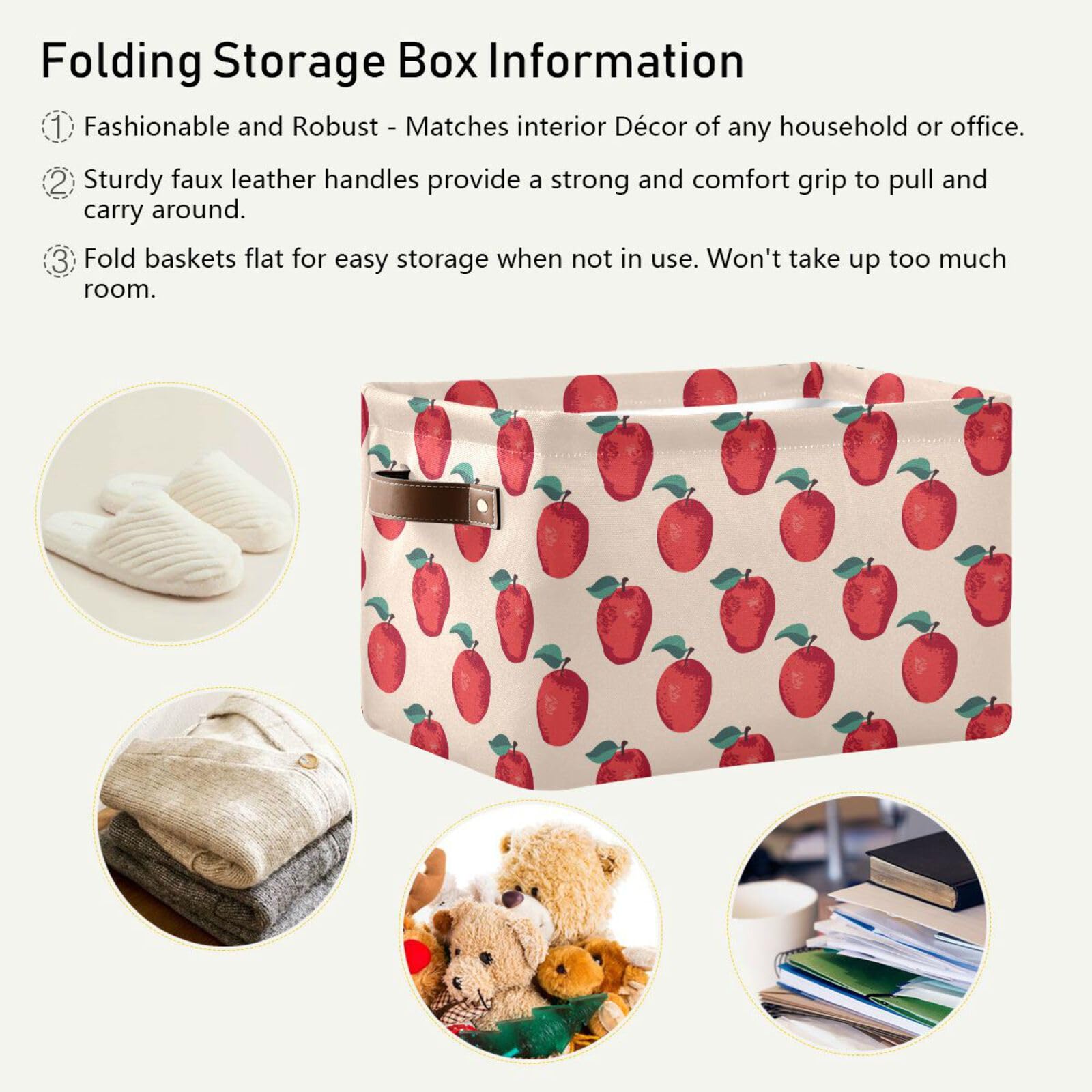 YEGAME Storage Basket Summer Apples Rectangular Collapsible Canvas Shelves Storage Bins with Leather Handles for Shelves Home Closet Bedroom Living Room, 2Pack