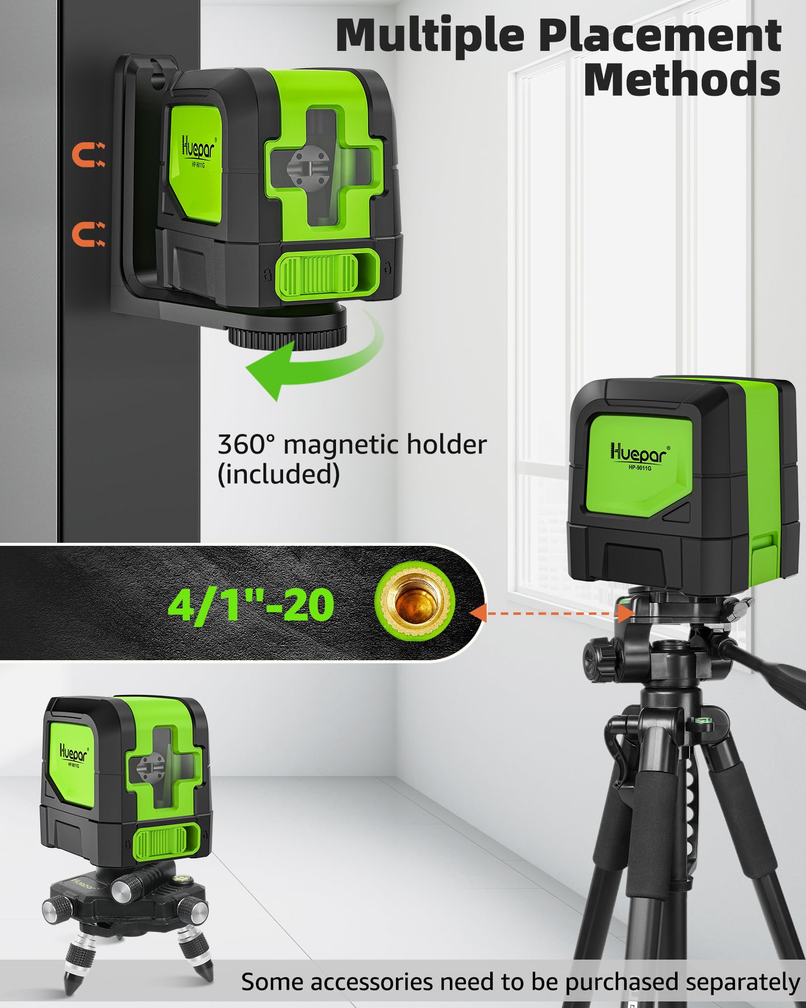 HUEPAR Laser Level Self-Leveling - 100 feet DIY Bright Green Cross Line Laser Leveler for Picture Hanging, Tile, Decoratio and Construction Indoor Project, 360° Magnetic Base & Battery Included