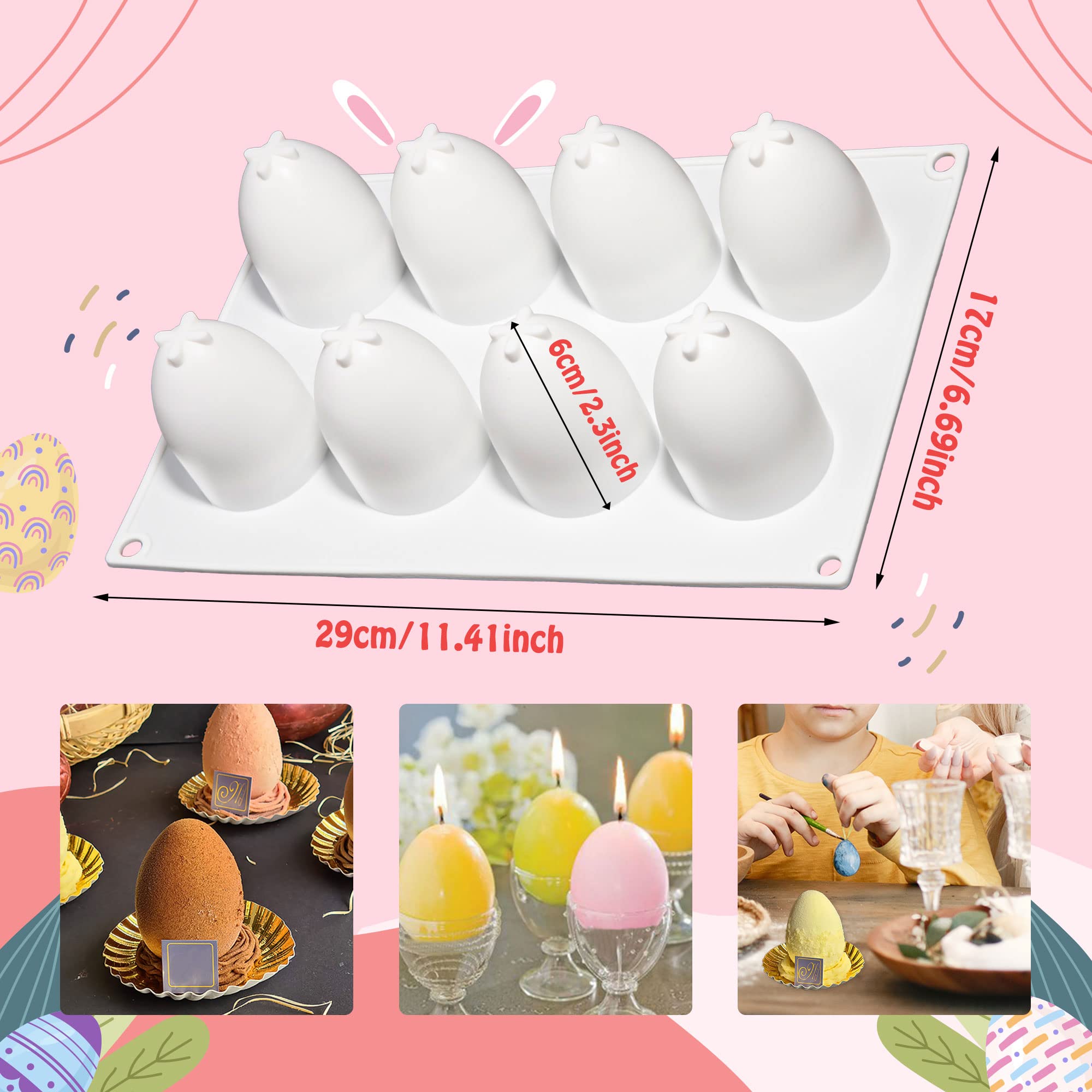 ONNPNN 8 Cavity Easter Egg Silicone Mold, Egg Shape Chocolate Candy Fondant Molds, 3D Food Shape French Dessert Moulds, Creative Easter Eggs Ice Cube Baking Tray for Soap Resin Lotion Bar
