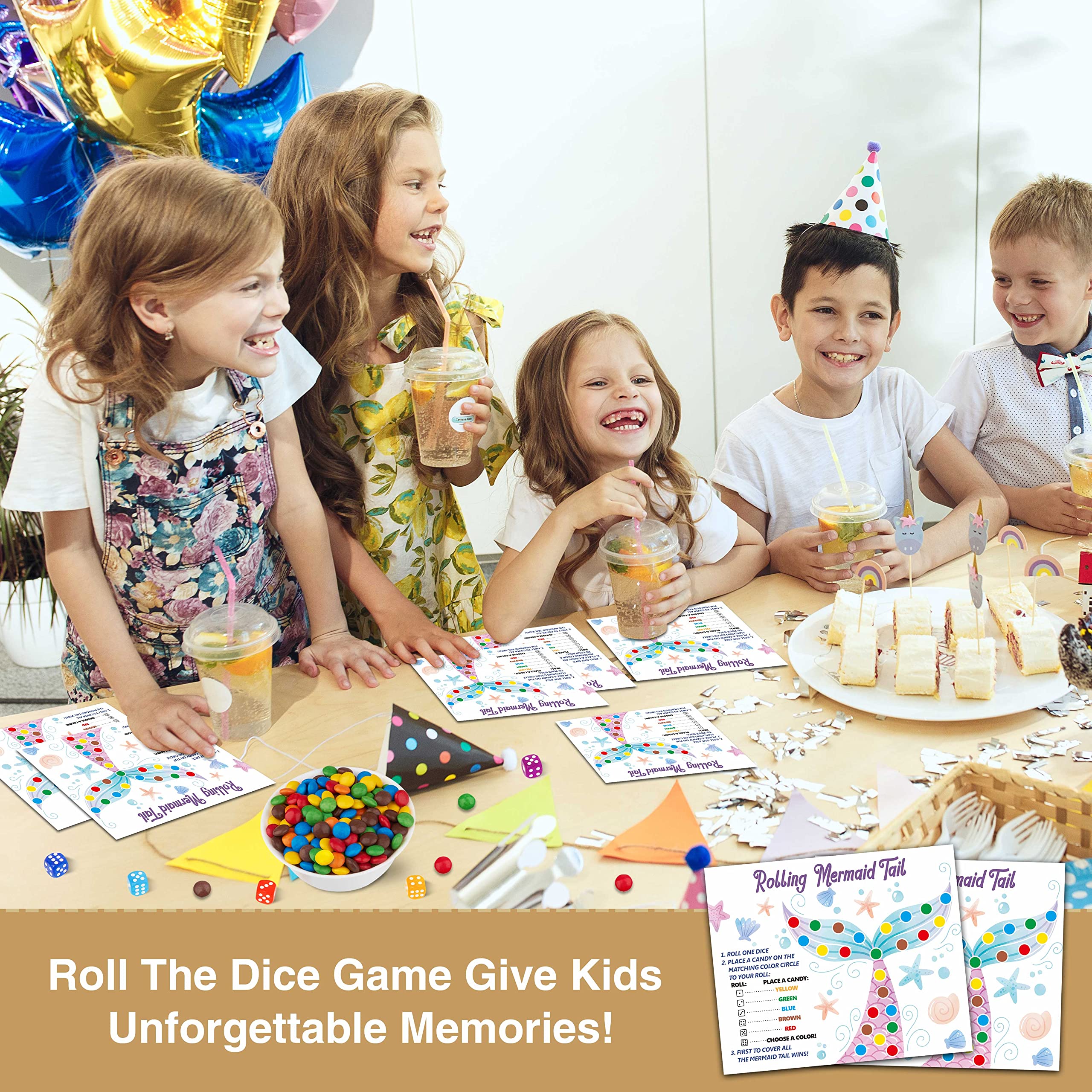 Roll The Dice Game, Baby Shower and Birthday Party Party Kids Table Game, Rolling Mermaid Tail, 20 Play Cards 20 Colored Dices (ONE-b12)