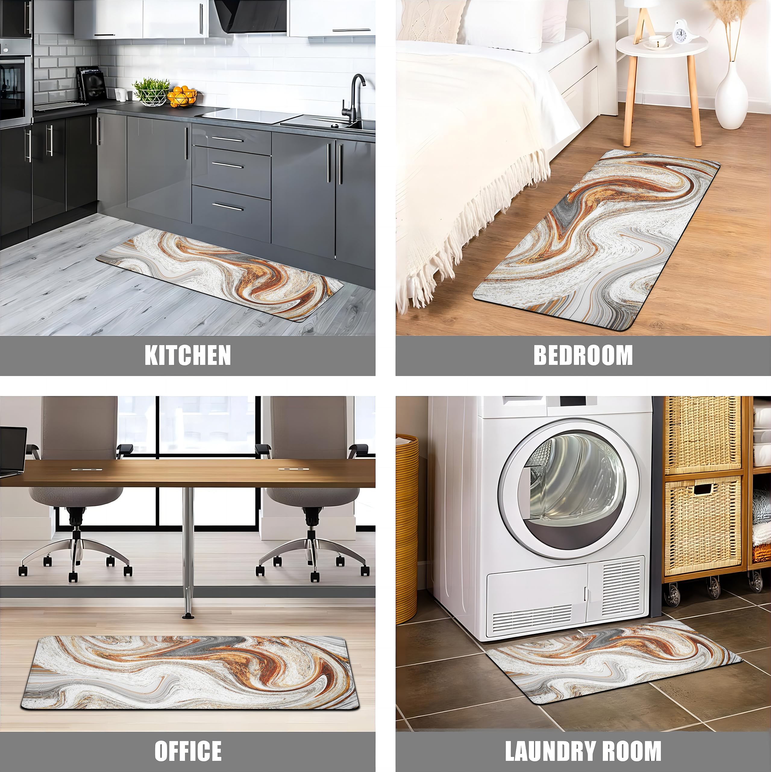 Kitchen Mats for Floor Anti Fatigue Floor Marble Cushioned Memory Foam Non Slip PVC Leather Padded Comfort Standing Rugs Set of 2, Abstract Golden Swirl Design, C1