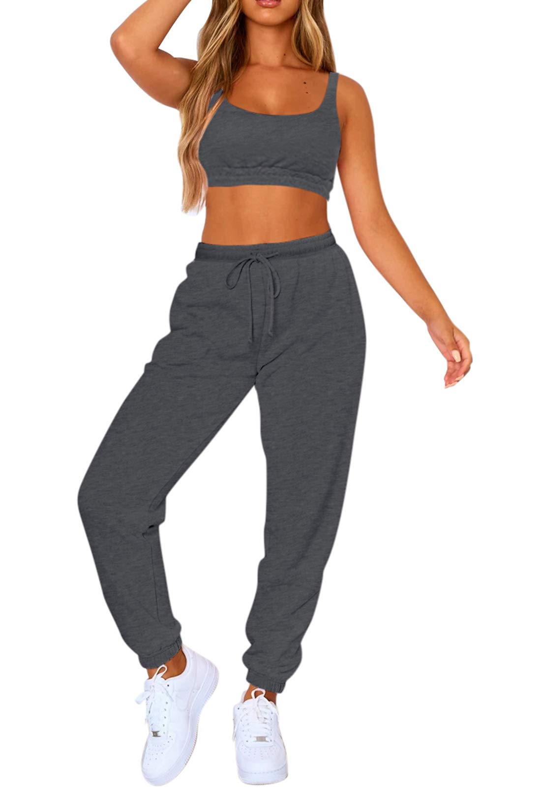 LOV ANNY Women's Padded Bra High Waist Yoga Sportpants Tracksuits Set Dark Grey M