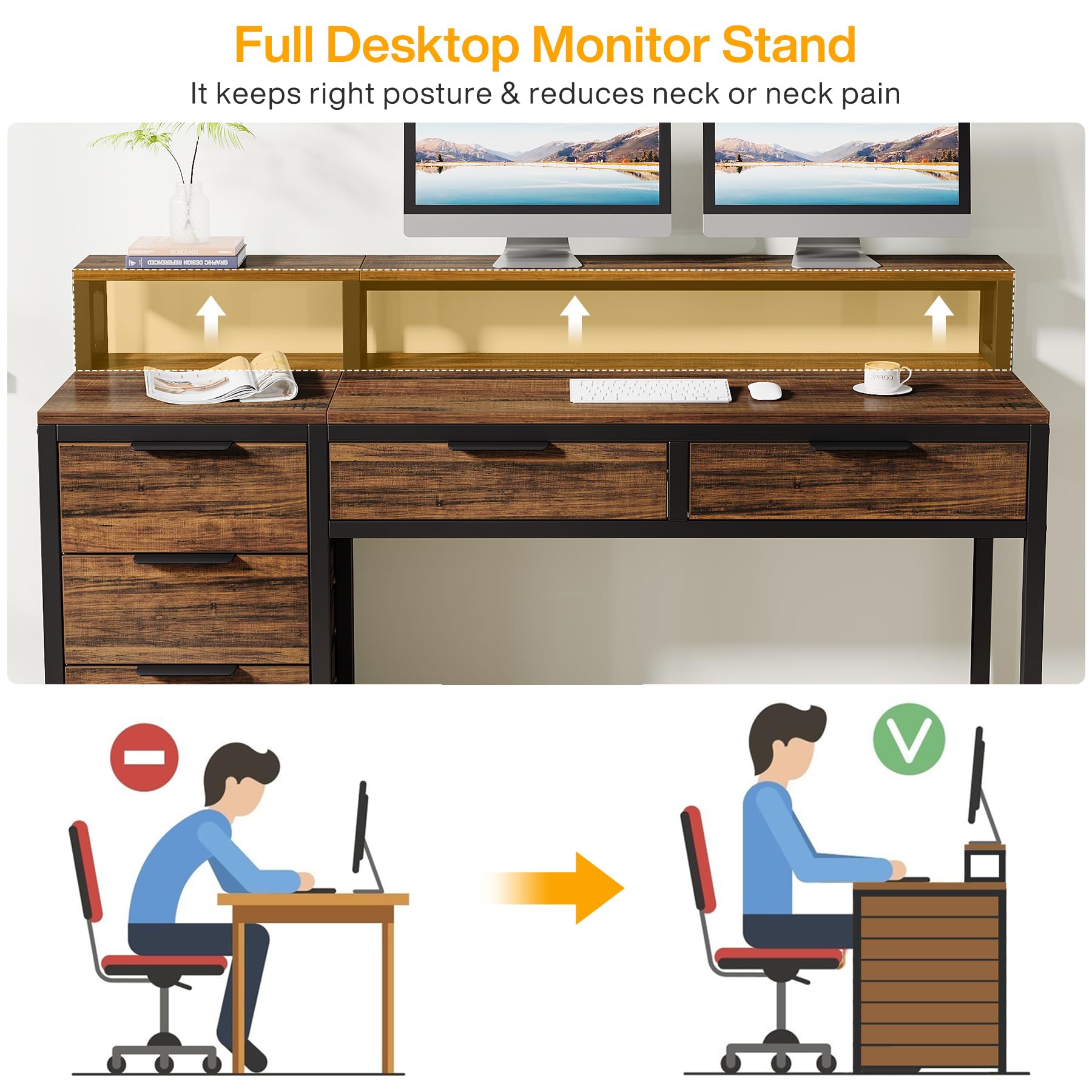 Tribesigns Computer Desk with 6 Drawers, 55-Inch Home Office Desk with Monitor Stand, Industrial PC Study Desk Writing Table Workstation for Home Office, Rustic Brown