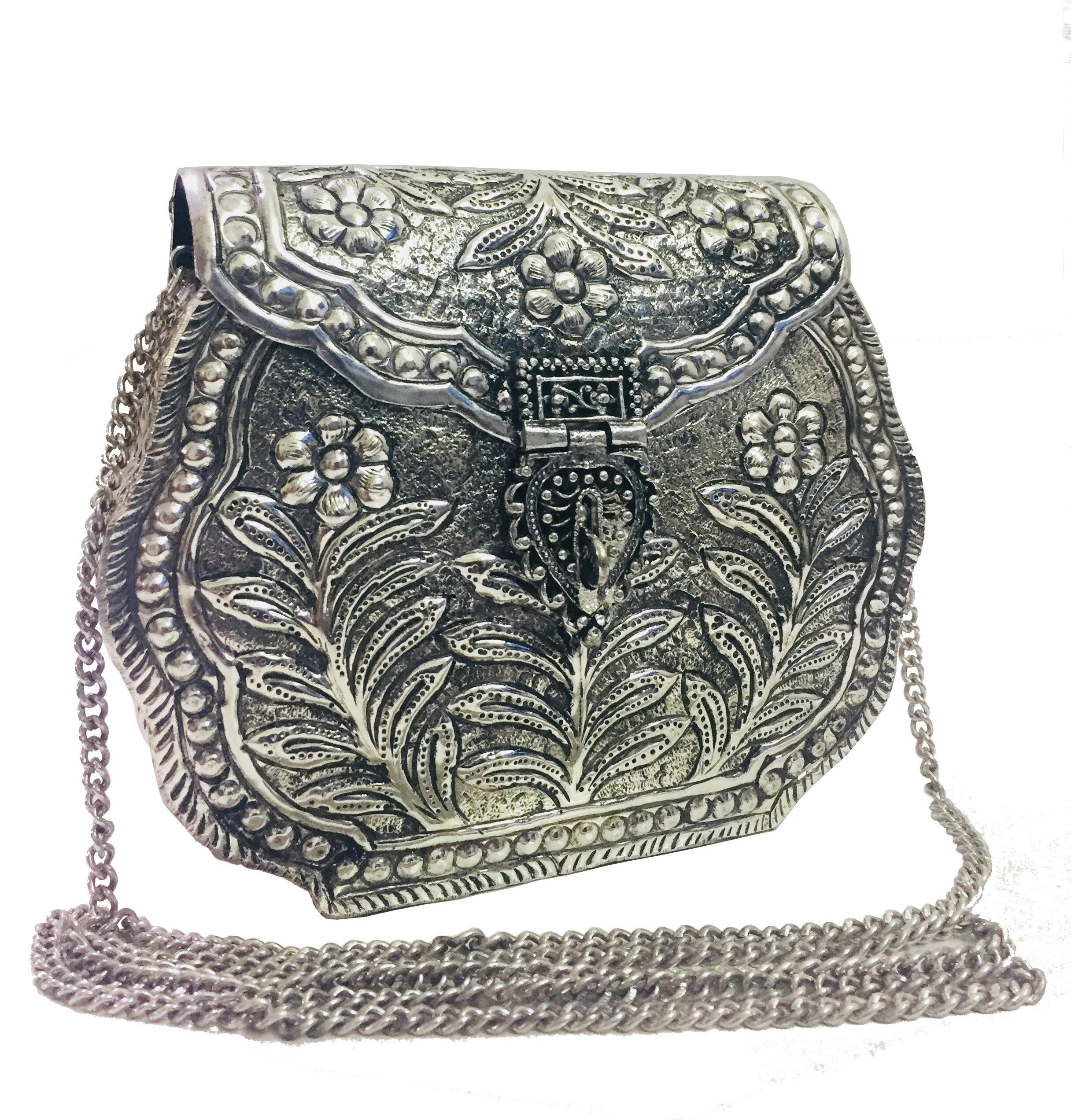 Indian Vintage Brass silver clutch Purse antique Ethnic Handmade Women metal white wallet