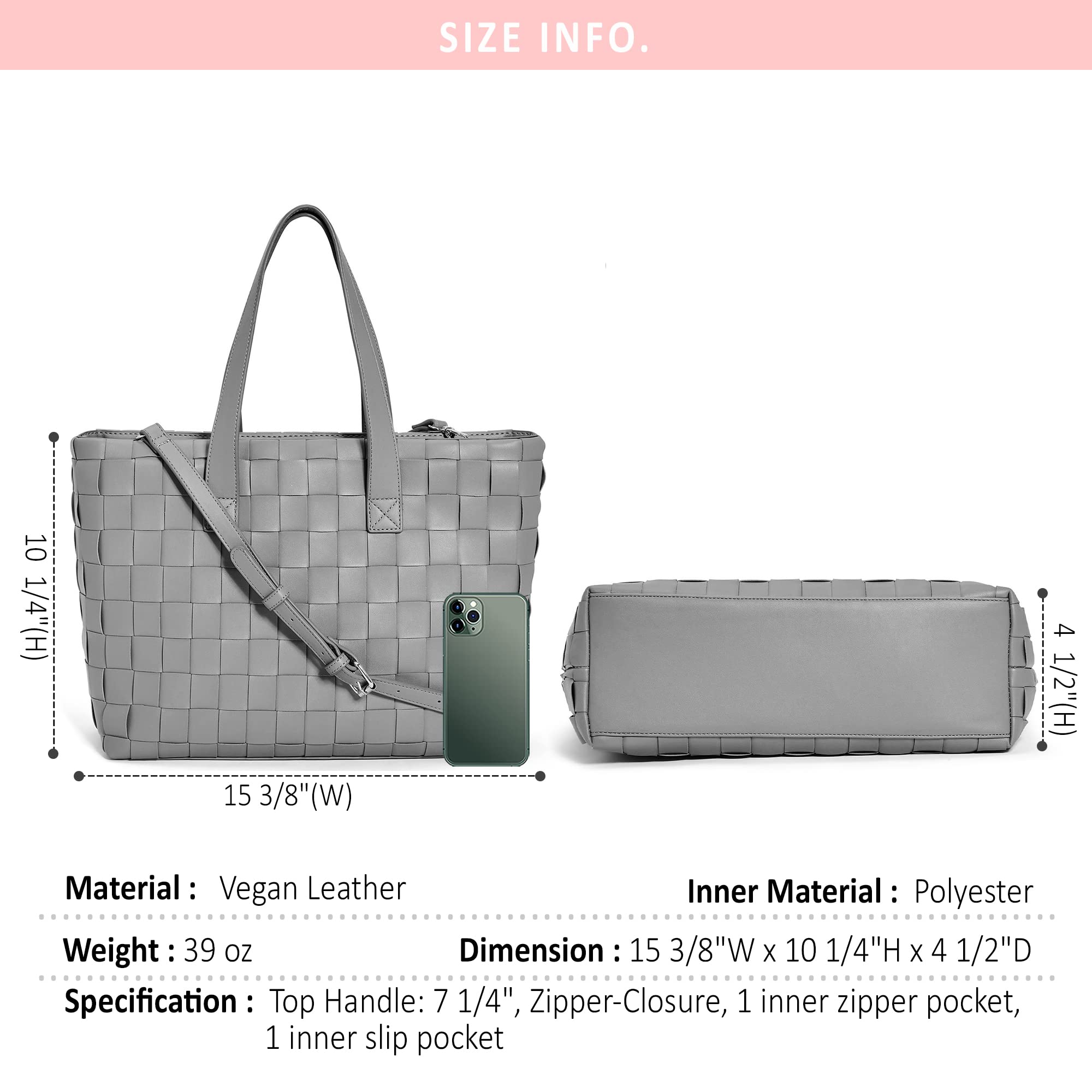 Like Dreams Women's Large Vegan Leather Woven Quilted Top Handle Missy Fashion Tote Bag (Black)